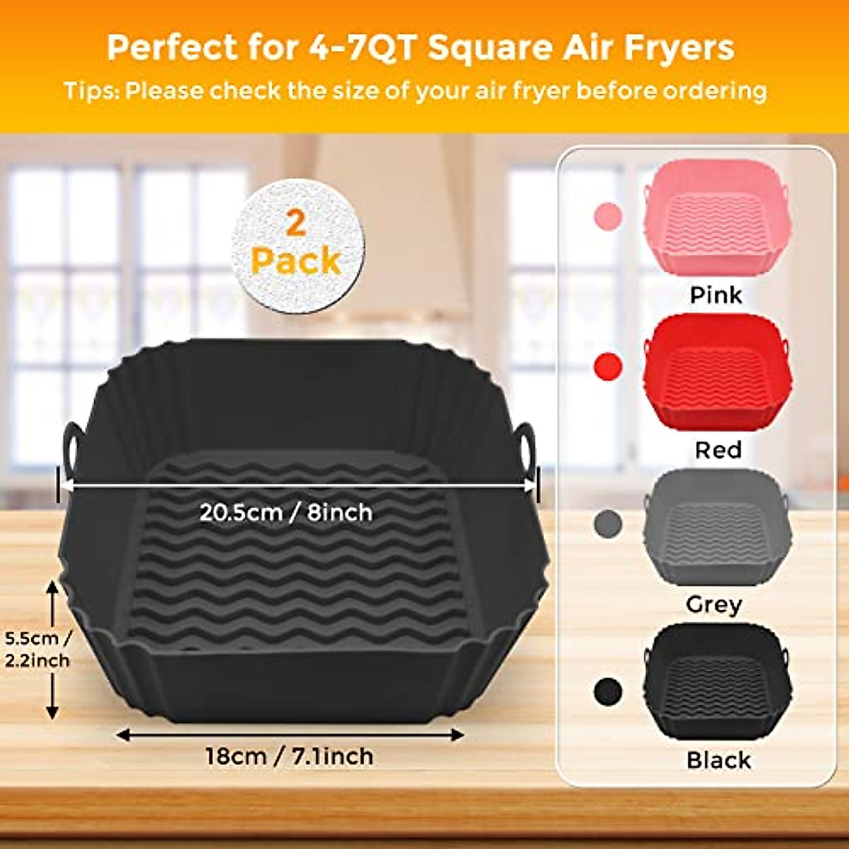 2 Pack Air Fryer Liner Silicone, 8 Inch Square Reusable Heat Resistant Food Grade Silicone Air fryer Pots Inserts Baskets Bowl Accessories for COSORI Instant Vortex 4 to 7 QT Air Fryer Oven Microwave