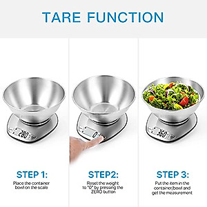 BAGAIL BASICS Electronic Kitchen Scale Premium Large Display Backing Scale Wet and Dry Food Weighing Scale with Stainless Steel Mixing Bowl - 5kg