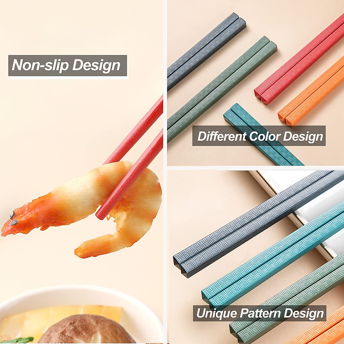 5 Pairs Fiberglass Chopsticks, Slivek Reusable Premium Japanese Chinese Korean Chopsticks Dishwasher Safe, Non-slip, Lightweight, 9.5 inches - Colorful