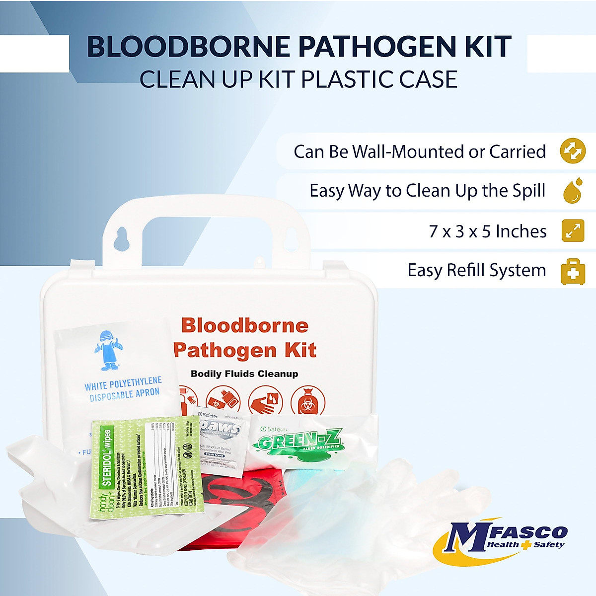 MFASCO Blood Borne Pathogens Clean Up Kit - Wall-Mountable or Portable - OSHA Compliant - Disposable Protection Gear - Bleach-Free Solidifier - Easy Cleanup - Compact Design - Refillable - 9 Pcs