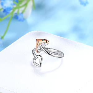 Cute Red Mushroom Ring Women Love Hearts Adjustable Open Ring Rose Gold Over 925 Sterling Silver Two Tones Colorful Crystal Mushroom Stackable Ring Mushroom Gift for Birthday Friendship FR0062W