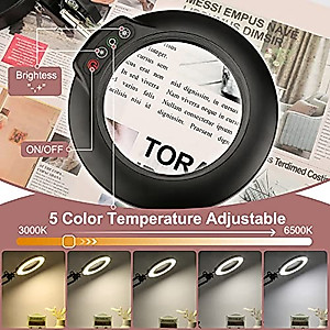 Veemagni 8X Magnifying Glass with Light, 5 Color Modes Stepless Dimmable, Adjustable Swing Arm LED Lighted Desk Lamp with Clamp, Hands Free Magnifier with Light and Stand for Craft Hobby Close Works