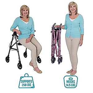 Able Life Space Saver Rollator, Lightweight Folding Mobility Rolling Walker for Seniors and Adults, 6-inch Wheels, Locking Brakes, and Padded Seat with Backrest, Regal Rose