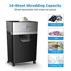 BONSEN 16-Sheet Heavy Duty Paper Shredder for Office, 30-Minute Running Time Cross-Cut CD Shredder with 55dB Low-Noise, 5.3-Gallon Pull Out Bin, Anti-Jam & Quiet Shredder for Home Office (S3102)