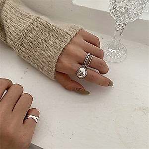 Vintage Chunky Heart Chain Ring for Women Silver Plated Wide Statement Adjustable Layered Curb Chains Open Band Knuckle Tail Finger Rings Comfort Fit Retro Dainty Jewelry (Lacy Love)