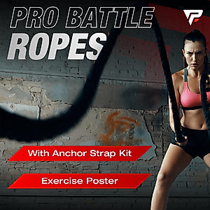 Pro Battle Ropes with Anchor Strap Kit and Exercise Poster – Upgraded Durable Protective Sleeve – 100% Poly Dacron Heavy Battle Rope for Strength Training, Cardio Fitness, CrossFit Rope (1.5” x 30 ft)