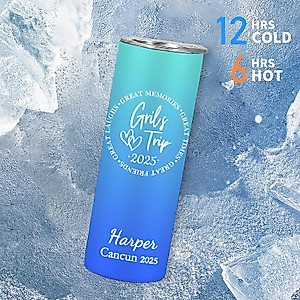 Personalized Girls Trip Tumbler, Custom Beach Vacation Tumbler with Name, Girls Trip Cups, 20 oz Skinny Tumbler with Lids and Straws, 2025 Girl Weekend Gift, Bachelorette Trip Gifts