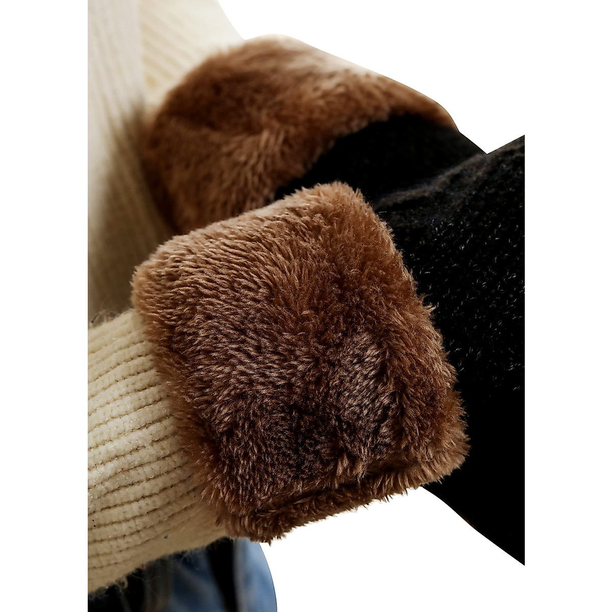 Thick Snow Hat-and-Mittens Set for-Women Black, Warm Faux Fur Pom Pom Beanie-with-Gloves Cute Pompom Ladies Winter Caps