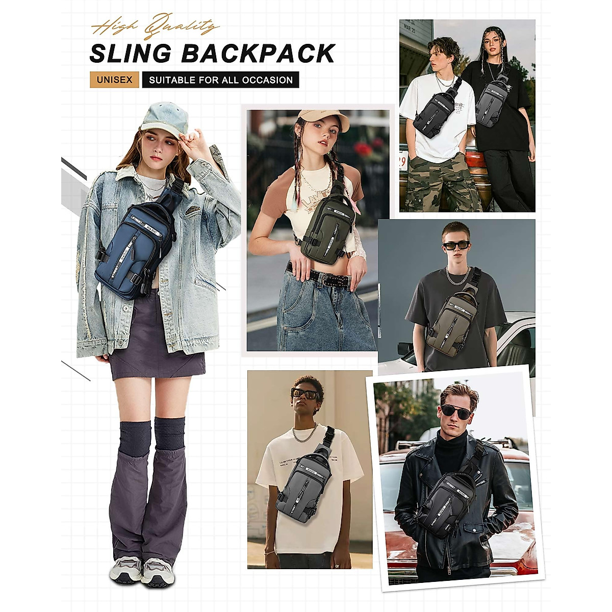 SEAFEW Anti Theft Sling Crossbody Backpack Shoulder Bag for Men, Lightweight One Strap Motorcycle Backpack Sling Bag Backpack for Hiking Walking Biking Travel Cycling with USB Charger Port