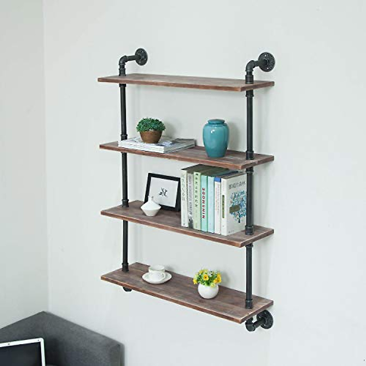 Industrial Pipe Shelving Bookshelf Rustic Modern Wood Ladder Storage Shelf Retro Wall Mount Pipe Design DIY Shelving (24in, 4 Layers)