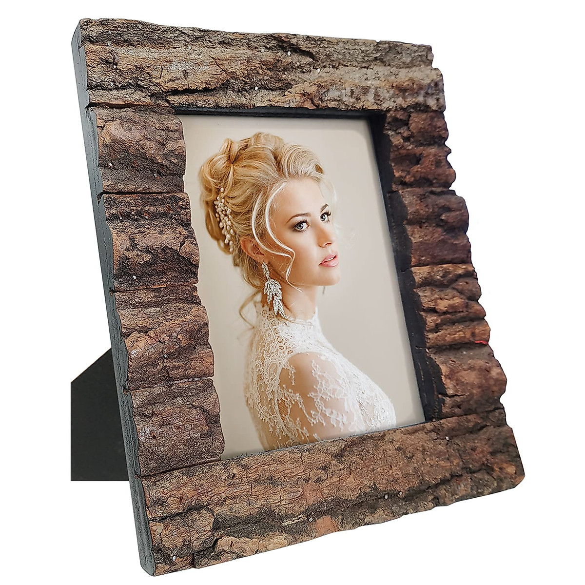 IKEREE 8x10 Rustic Wood Picture Frame with Real Bark，Solid Wood High Definition Glass,Tabletop or Wall Mounting for Farmhouse Decor.