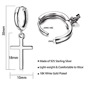 Milacolato S925 Sterling Silver Cross Hoop Earrings 18K White Gold Plated Minimalist Dangle Cross Huggie Cuff Earrings Hypoallergenic Lightweight Trendy Cross Hoop Earrings for Men Women