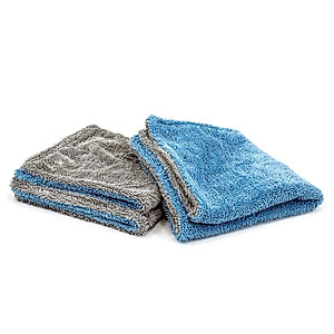 [Dreadnought Jr.] Microfiber Car-Drying Towel, Superior Absorbency for Drying Cars, Trucks, and SUVs, Double-Twist Pile, One-Pass Vehicle-Drying Towel (16"x16", Blue/Gray) 2-Pack