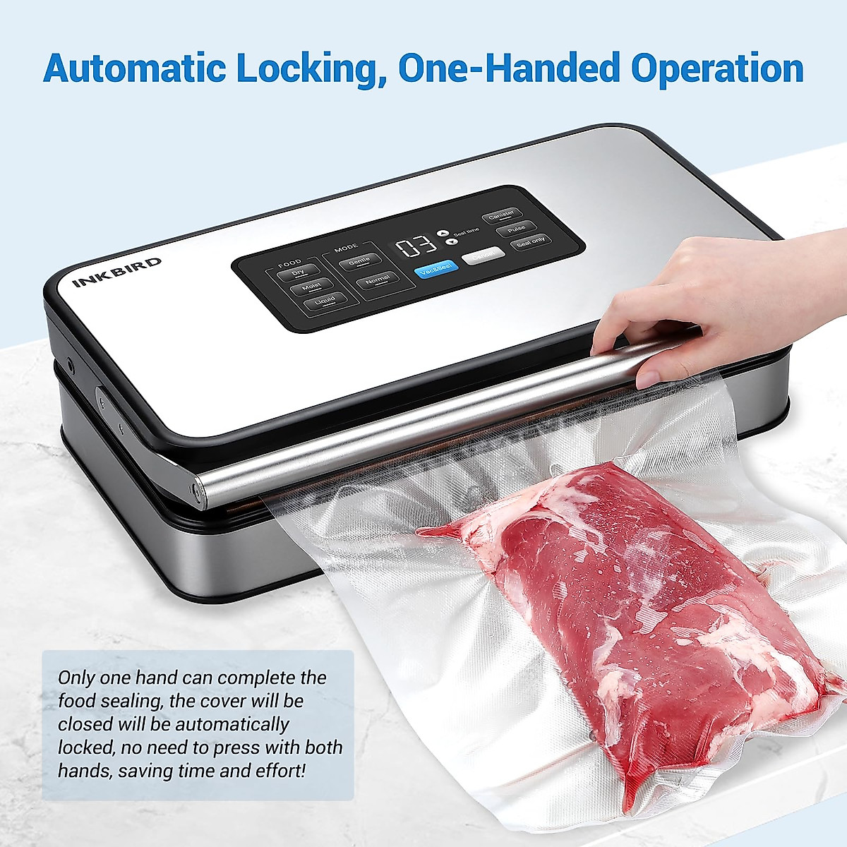 INKBIRD Vacuum Sealer Machine with 160W Double Pump, Full Automoatic Pro Vacuum Sealer for Food Preservation with Liquid/Moist/Dry Food, Food Sealer with Removable Drip Tray, Roll Storage and Cutter