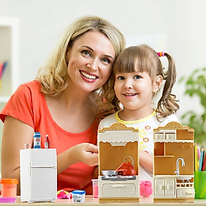 Chivao 43 Pcs Dollhouse Furniture Kitchen Play Set Miniature Refrigerator with Mini Food Pots and Pans Set Pretend Play Kitchen Accessories Kitchen Toys