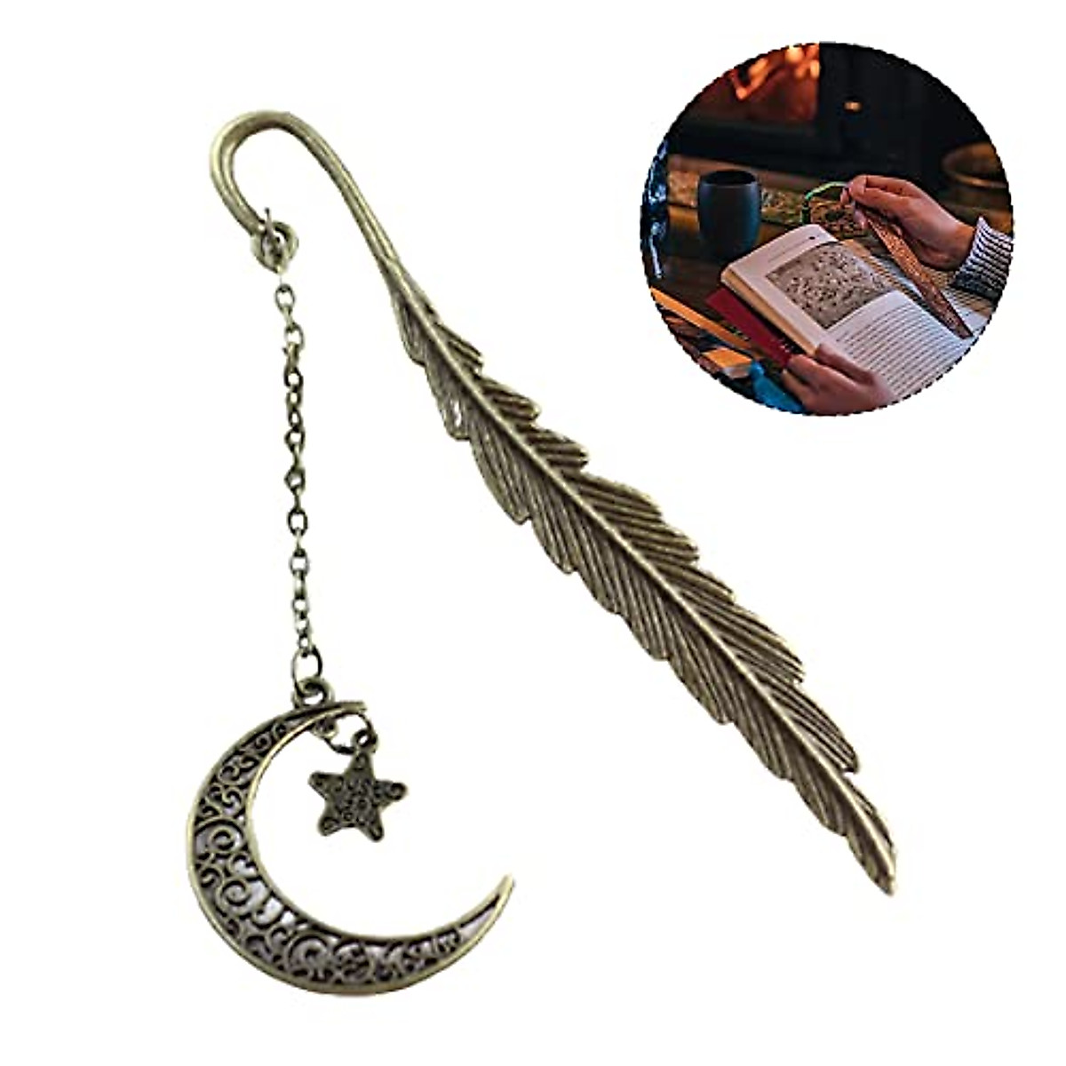 iayokocc Creative Metal Feather Bookmark, Classical Bookmarks with Pendant for Women, Kids, Teens Girls, Readers and Book Lovers.(Stars and Moon)