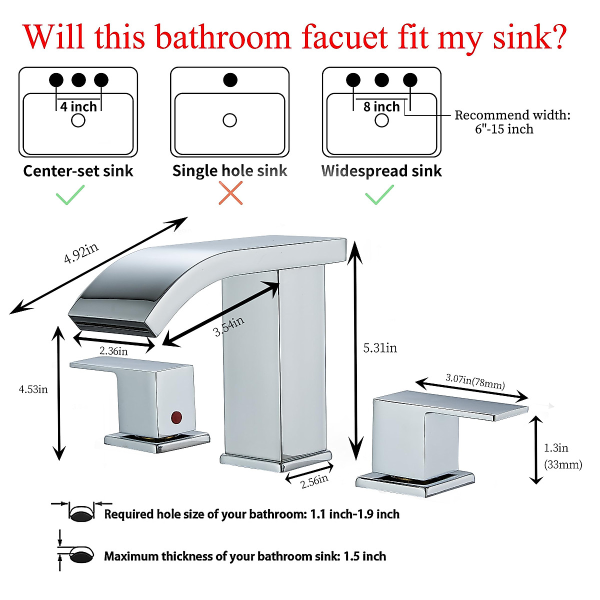 Bathroom faucets 3 Hole Widespread Bathroom Faucet Bathroom Sink Faucet 8 inch Bathroom Faucet Bathroom Sink Faucet 3 Hole Vanity Faucet Sink Faucet Bathroom with Pop Up Drain(Chrome)