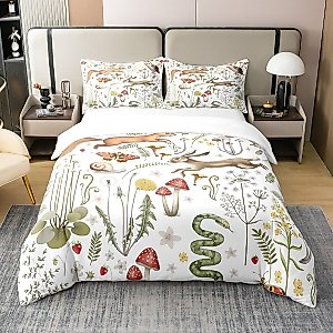 Cute Animals Kids 100% Cotton Duvet Cover Watercolor Mushroom Wild Moth Bedding Set for Boys Girls Teens Adults Cartoon Rabbit Snake Squirrel Jungle Comforter Cover with 2 Pillowcases King Size 3 Pcs