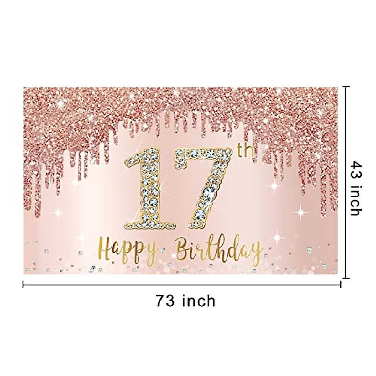 Happy 17th Birthday Banner Backdrop Decorations for Girls, Rose Gold 17 Birthday Party Sign Supplies, Pink Seventeen Birthday Poster Background Photo Booth Props Decor
