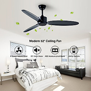 KAMLAM 52" Matte Black Ceiling Fan with Remote, Modern Ceiling Fans with Quiet Reversible DC Motor, 6 Speed, Timing, 3 Blades Ceiling Fan For Outdoor/Bedroom/Farmhouse/Patios