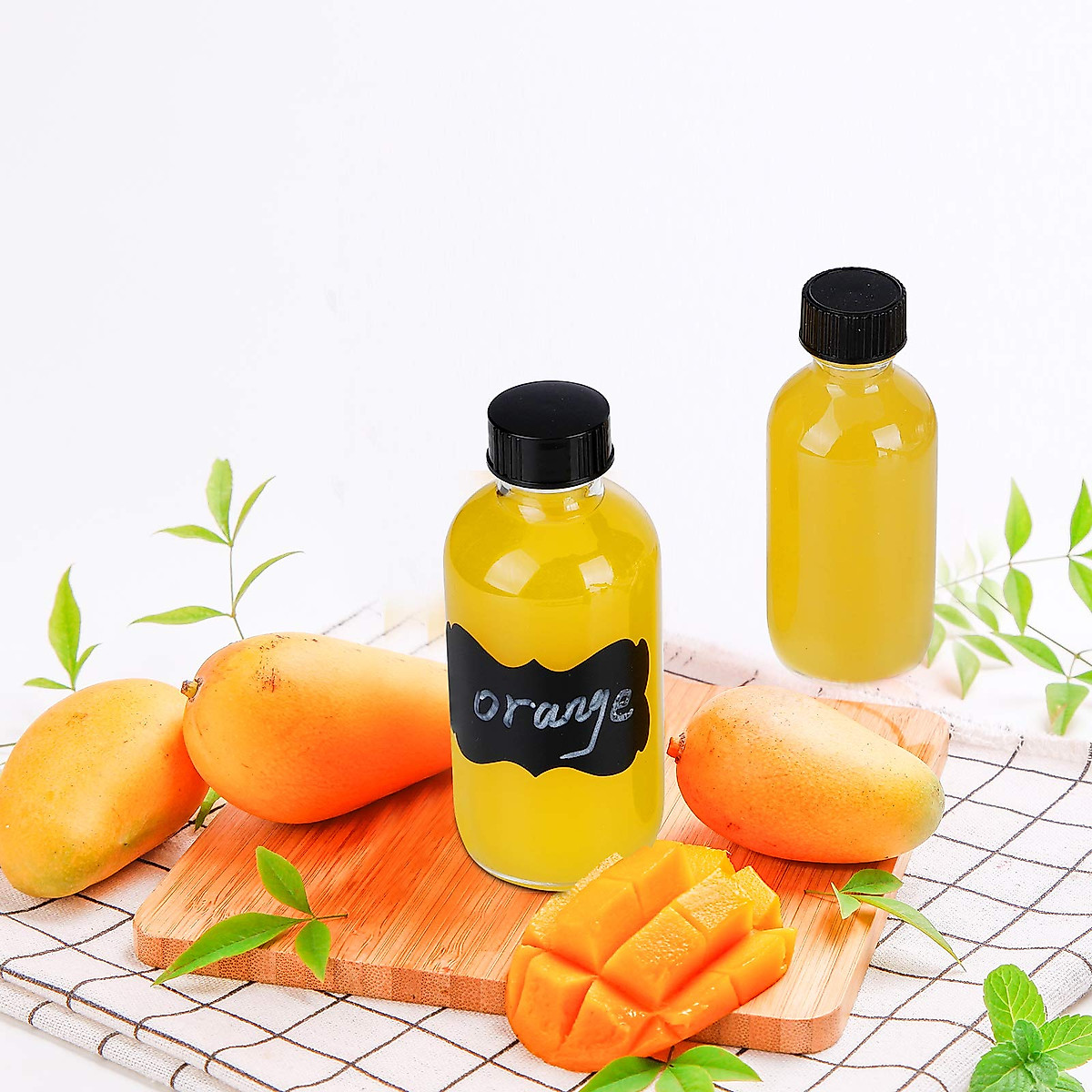 2oz Clear Glass Bottle with Poly Cone Cap, Boston Round Sample Glass Bottle for Potion, Juice, Ginger Shots, Oils, Whiskey, Liquids-48 Labels, 5 Funnels, 5 Droppers, 1 Brush & Chalk Marker-Pack of 40