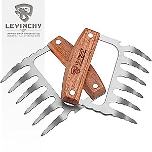 LEVINCHY Meat Claws Shredders Claws 2-Piece Set Meat Forks Meat Shredding Claws BBQ Grill Tools, Blade with Bottle Opener and Cutter, Large Wooden Handle