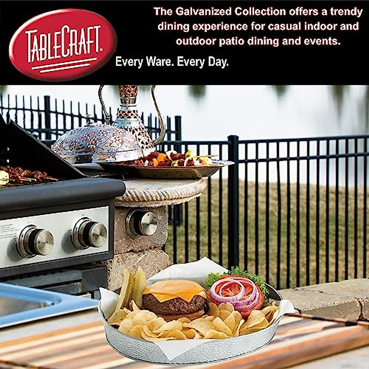 Tablecraft Galvanized Round Serving Tray, Steel Metal Dinner Food Platter, Silver Pebble Textured, Casual Rustic Style Plate for Restaurant, Patio, Indoor and Outdoor Use, Reusable, Unbreakable, 8.5"