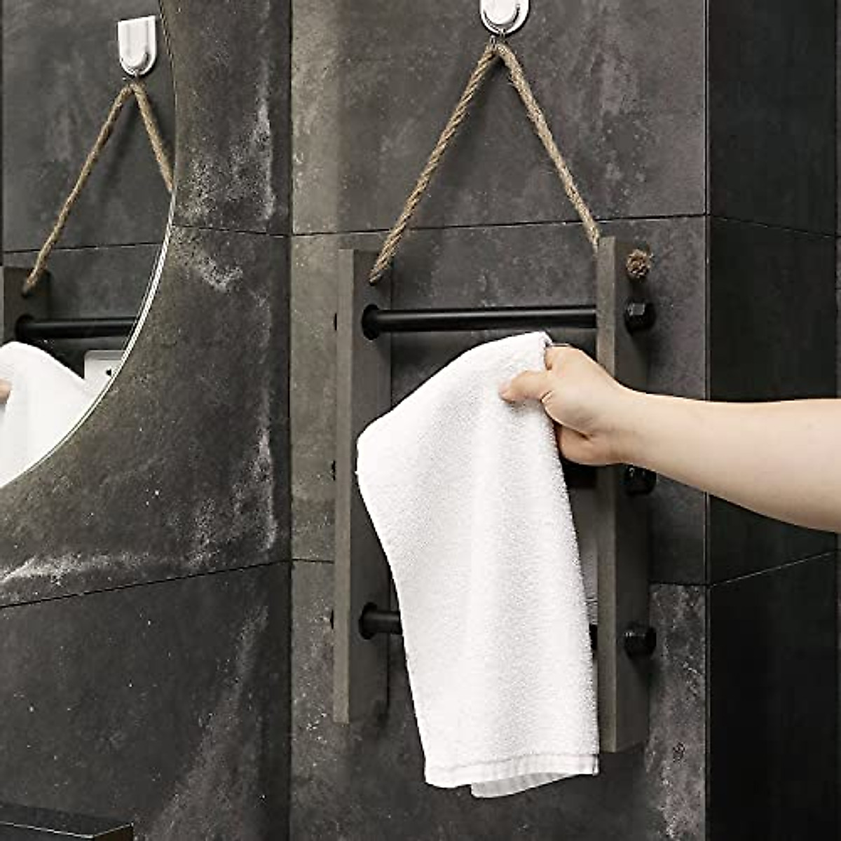MyGift 3-Tiered Hanging Bathroom Towel Ladder Rack Industrial Pipe and Grey Wood Wall Mounted Hand Towels Holder Storage and Drying Hanger