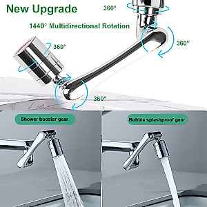 1440° Rotating Faucet Extender, 1080°+360° Large-Angle Splash Filter Faucet Aerator, with 2 Water Outlet Modes, Universal Brass Splash Filter Faucet Extension for Kitchen and Bathroom Sink, Silver