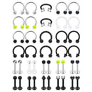 Prjndjw 16g Lip Rings Stainless Steel Horseshoe Labret Monroe Lip Rings Nail Tragus Helix Earrings Studs Ring Medusa Piercing Jewelry 8mm 40 Pcs Glow in the Dark Black