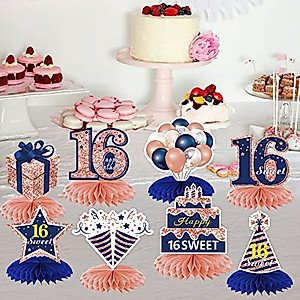 Rose Gold Navy Blue 16th Birthday Decorations Table Centerpieces for Women Girls, 8Pcs Happy 16 Birthday Honeycomb Centerpiece Party Supplies, Sweet 16 Birthday Table Toppers Sign Decor