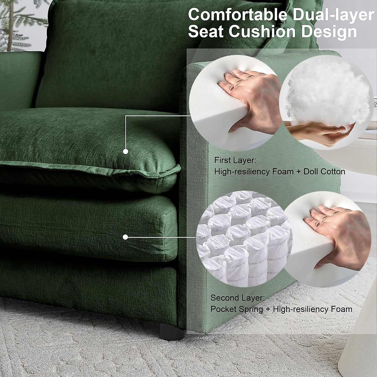 KIVENJAJA Oversized U-Shaped Modular Sectional Sofa, Modern Chenille 4-Seater Deep Seat Cloud Couch with 2 Ottomans/Chaises & 6 Pillows for Living Room Office, 146.5”W, Green