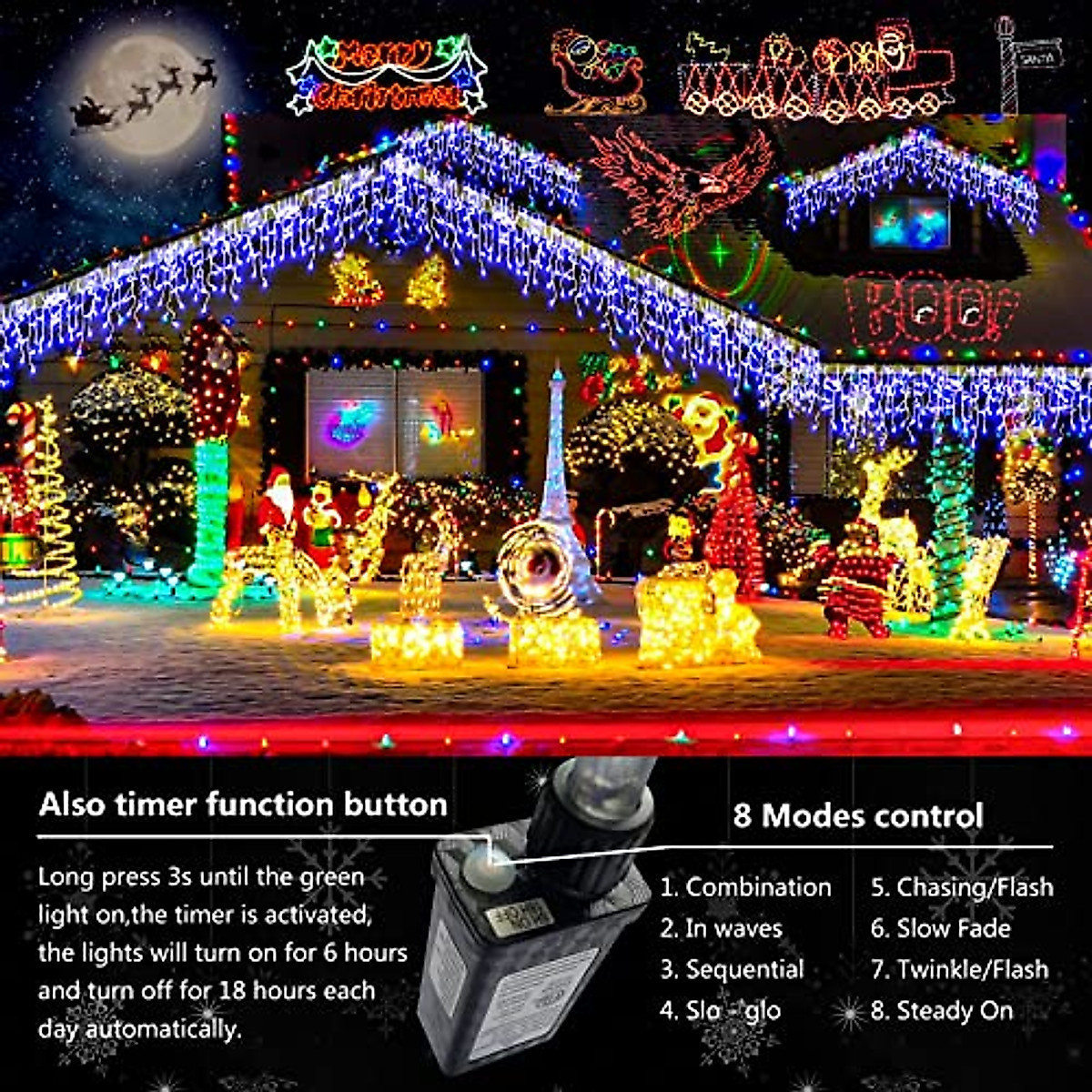 Maojia 66FT Christmas Lights Decorations Outdoor - 640 LEDs 8 Modes Curtain Fairy Lights with 120 Drops, Waterproof LED String Lights for Holiday Wedding Party Garden Patio Decorations, Blue