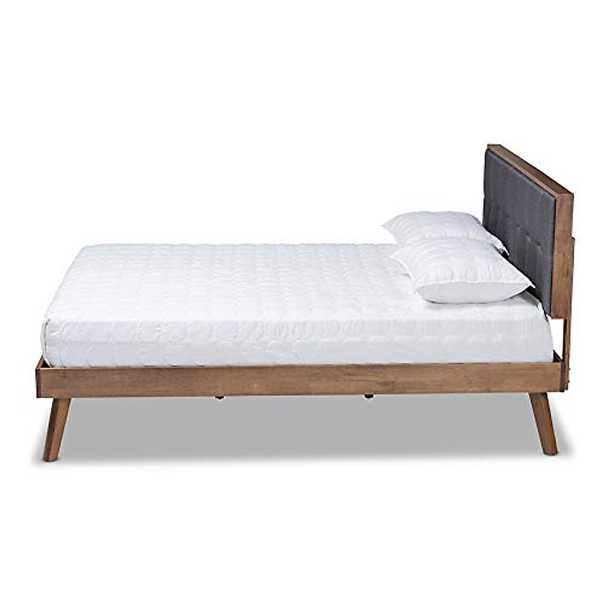 Wholesale Interiors Baxton Studio Alke Mid-Century Modern Dark Grey Fabric Upholstered Walnut Brown Finished Wood King Size Platform Bed