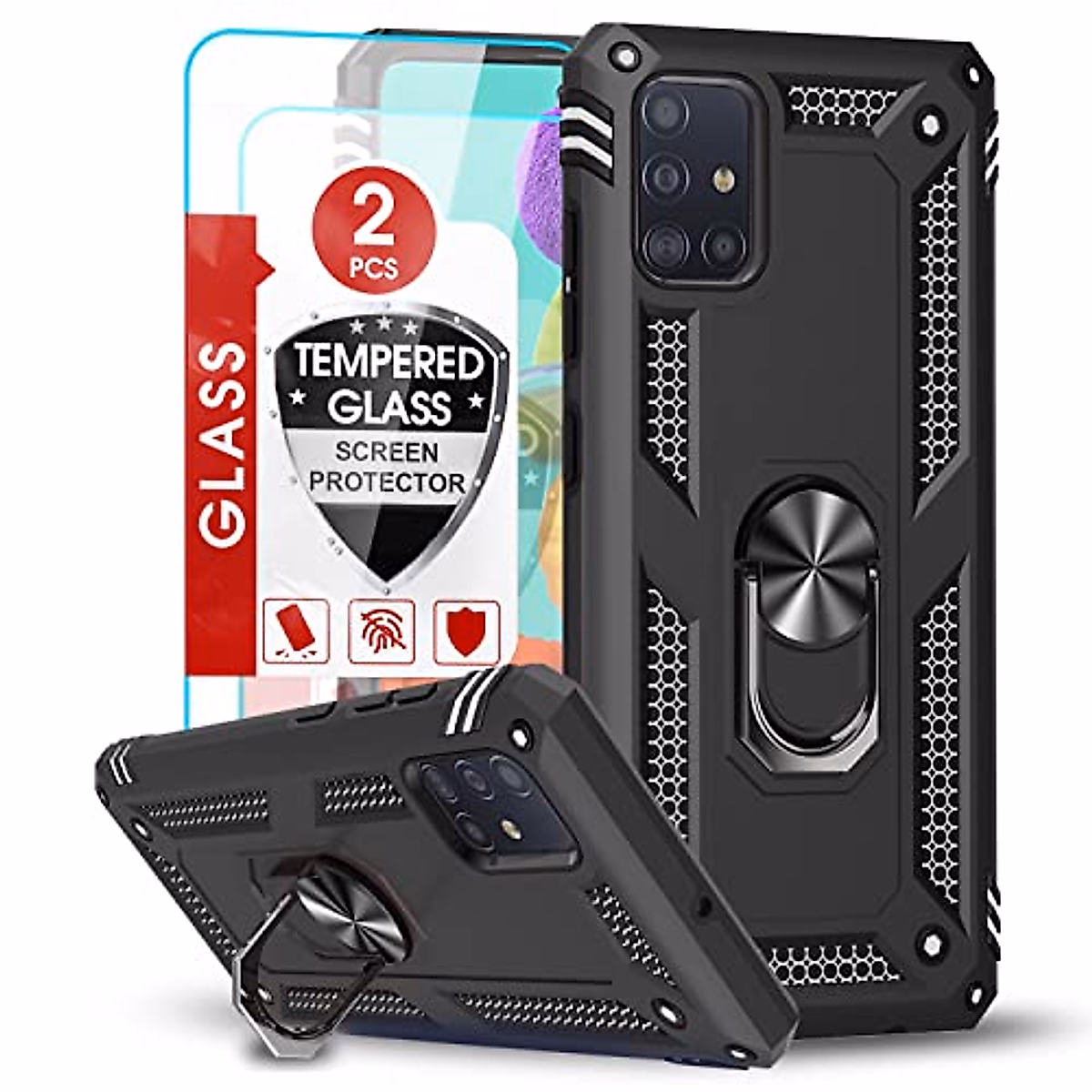 LeYi for Samsung A51 Case, Samsung Galaxy A51 Case with [2 Pack] Tempered Glass Screen Protector, [Military-Grade] Protective Phone Case with Ring Kickstand for Samsung A51 (Not Fit A51 5G), Black