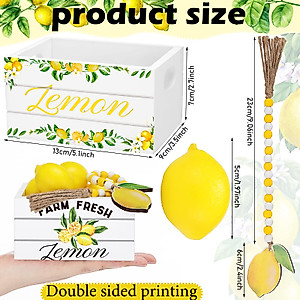 Qunclay Lemon Mini Crate Summer Tiered Tray Decor with 8 Faux Lemons with Wood Bead Tassel Farmhouse Lemonade Kitchen Decorations Summertime Wood Crate for Party Decor