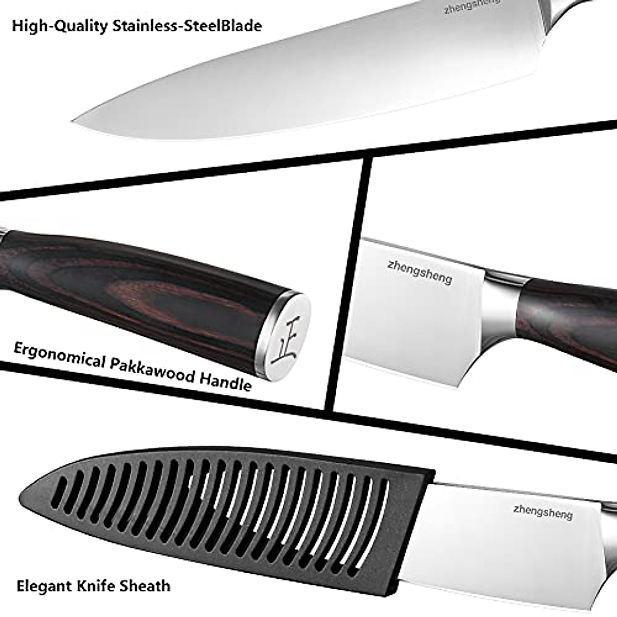 ZhengSheng 8 inches Chef Knife German Hign Carbon Stainless Steel Blade Kitchen Knife with Wooden handle and Sheath Ultra sharp Cooking Knife for Professional Use