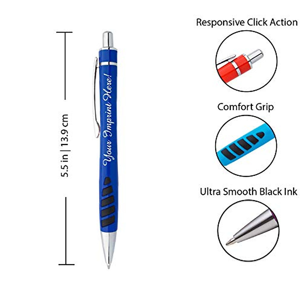 Express Pencils™ - Your Name or Imprint on our Custom Printed Addison Ballpoint Pen - Rubber Grip For Writing Comfort And Control, black ink, medium point - 12 Pack (Assorted)