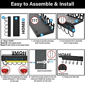 RESOVO Key Holder Wall Mount Key Hooks Entryway Shelf Keys Rack Key Shelf with 6 Metal Hooks Mail Holder, Wooden Shelf, Black (Length: 9.8 Inches)