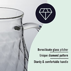 Borosilicate Glass Pitcher with Lid and Spout - 68 Ounces Cold and Hot Water Carafe with Unique Diamond Pattern, Beverage Pitcher for Homemade Iced Tea and Juice.