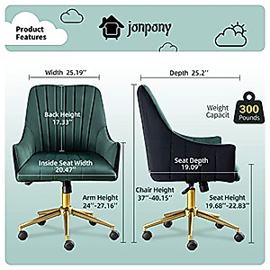 Desk Chair for Home Office Velvet Modern Accent Chair Upholstered Tufted Green Office Chair with Gold Base Swivel Wheels and Adjustable Height Armchair Study Work Stool Vanity Chair for Women, Girls