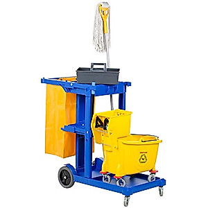 6-Piece Heavy Duty Janitorial Set Includes:Janitor Cart with 3 Storage Shelves, Vinyl Waste Bag, Mop Bucket,Wringer, Cotton-End Wet Mop Head, Mop Handle & Janitor Caddy