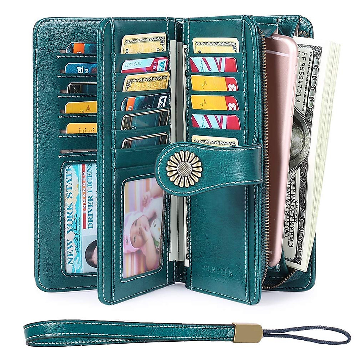 KELEEL Women's RFID Blocking Wallet Genuine Leather Clutch Wallet Card Holder Organizer Ladies Purse (Blue)