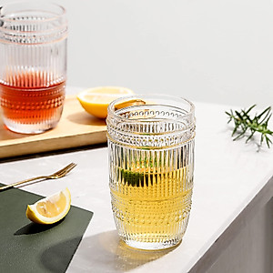 1500° C TABLETOP Vintage Highball Glasses 12.5 oz Set of 6 Romantic Hobnail Drinking Glasses Water Tumblers, Embossed Vintage Drinking Glasses for Beer, Cocktail, Soda, Beverage