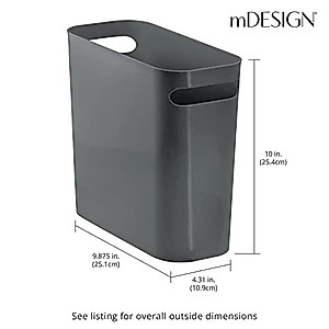mDesign Plastic Small Trash Can, 1.5 Gallon/5.7-Liter Wastebasket, Narrow Garbage Bin, Handles for Bathroom, Laundry, Home Office - Holds Waste, Recycling, 10" High, Aura Collection, 4 Pack, Dark Gray
