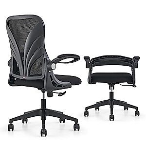 HOLLUDLE Ergonomic Office Chair with Foldable Backrest, Computer Desk Chair with Flip-up Armrests, Mesh Lumbar Support and Tilt Function Big and Tall Office Chair, Black