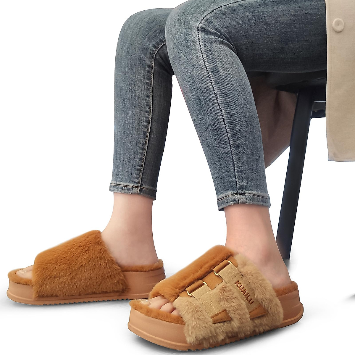 KuaiLu Womens Fuzzy Platform Open Toe Slippers with Arch Support Fluffy Furry Slides Orthotic Faux Fur Sandals house Indoor Outdoor Camel Size 9