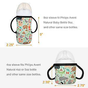 Beautyflier Set of 2 Glass Baby Bottle Sleeves with Double Handles Adjustable Sleeves Neoprene Holder for Philips Avent Natural 4oz-5oz, 8oz-9oz and More (Land Animals)
