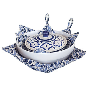 CUSHYSTORE 2 Bowl Cozies Cotton Holders Heat and Cold Resistant Anti-Scalding Protector 8.5" Large 7.5" Small - Navy Leave