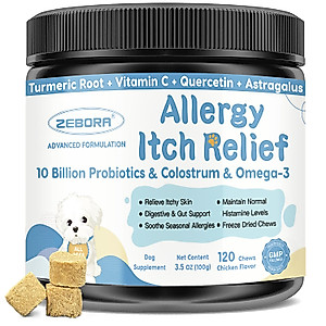 Dog Allergy Relief Chews, with Probiotics, Omega 3, Colostrum - Dog Itching Skin & Ears Relief, Herbal Dog Skin & Coat Supplement, Gut & Immune Support, Hot Spot Treatment, Anti Seasonal Allergies